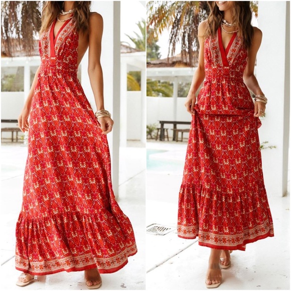 Dresses | Boho Floral Print Halter Ruffle Maxi Dress | Poshmark